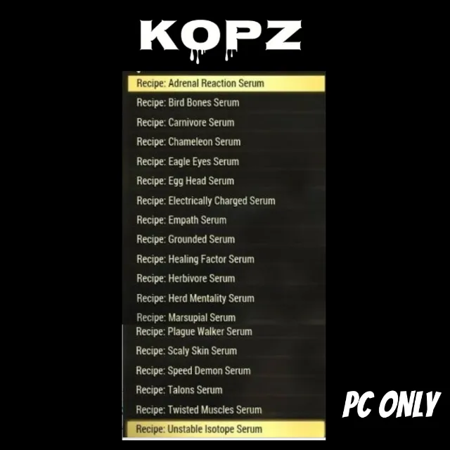 All 19 serum mutation recipes - Fallout 76 Game Items - Gameflip