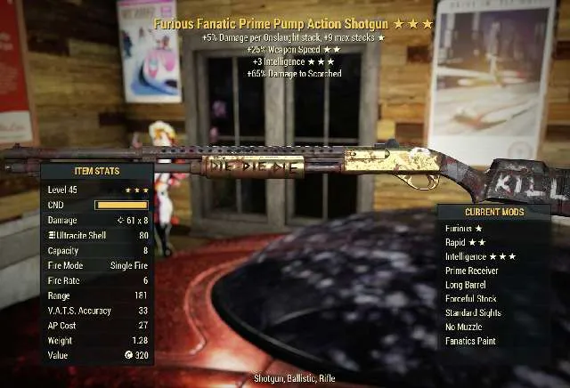 Prime Pump Action Shotgun Furious Rapid Intelligence - Fallout 76 Game ...