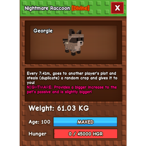 60KG+ HUGE NIGHTMARE RACCOON GROW A GARDEN - Grow a Garden Game Item ...