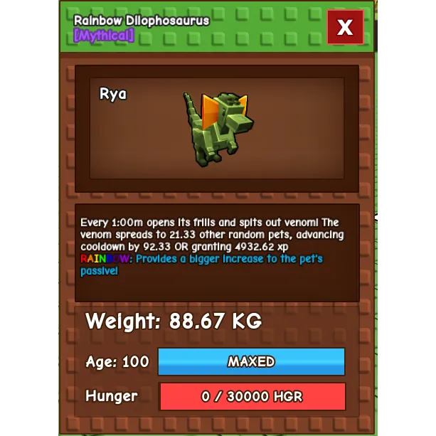 88 KG Rainbow Huge Dilophosaurus - Grow a Garden Game Item - Gameflip