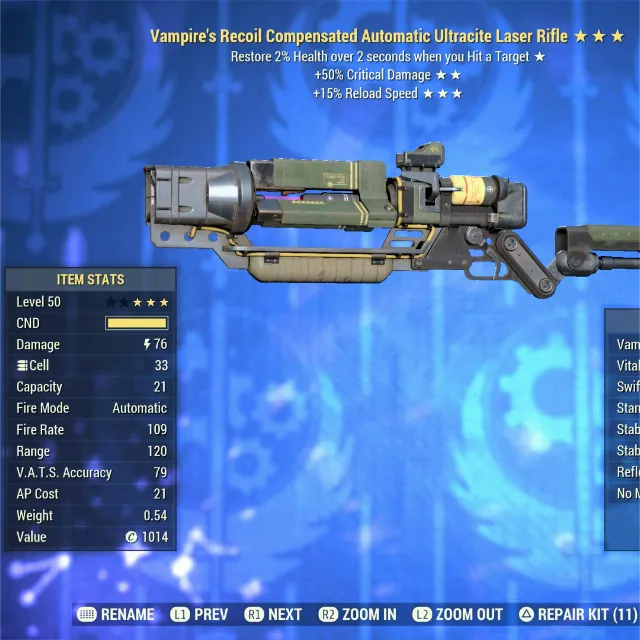 Vampire V50 FR Ultracite Laser - Fallout 76 Game Item - Gameflip