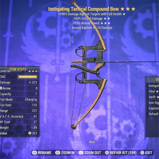 Instigating V50 FR Compound Bow - Fallout 76 Game Item - Gameflip