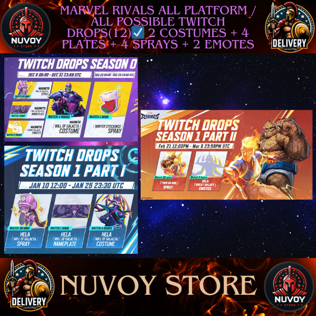 MARVEL RIVALS ALL PLATFORM / ALL POSSIBLE TWITCH DROPS(12)☑️ 2 COSTUMES ...