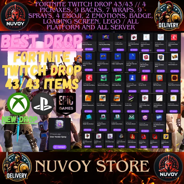 FORTNITE TWITCH DROP 43/43 // 4 PICKAXES, 9 BACKS, 7 WRAPS, 9 SPRAYS, 4 ...