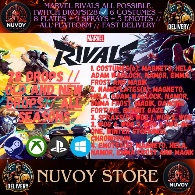 Marvel Rivals ALL POSSIBLE TWITCH DROPS(28)☑️ 6 COSTUMES + 8 PLATES + 9 ...