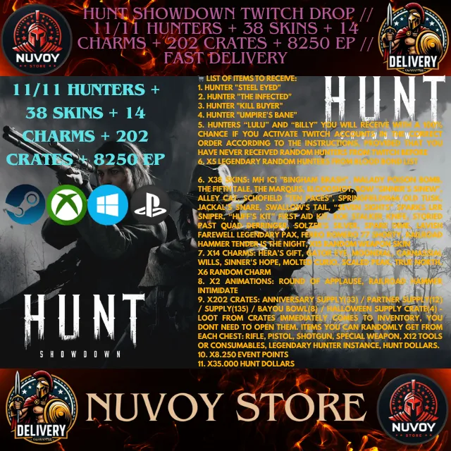 Hunt Showdown Twitch Drop // 11/11 HUNTERS + 38 SKINS + 14 CHARMS + 202 ...