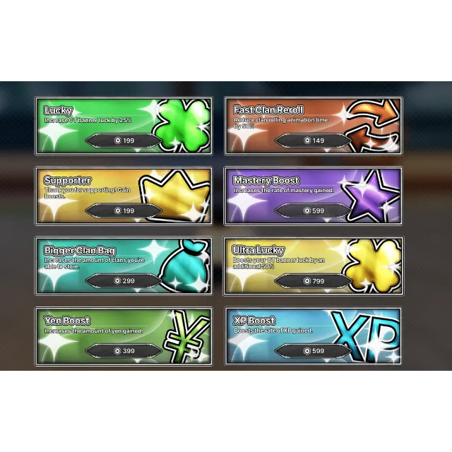 lucky, fast clan reroll, supporter, mastery boost, bigger clan bag, yen ...