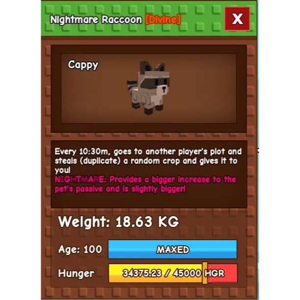 Nightmare Raccoon Grow a Garden (18.63KG) - Grow a Garden Game Item ...