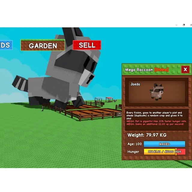 Huge Mega Raccoon Grow a Garden (79.97KG) - Grow a Garden Game Item ...