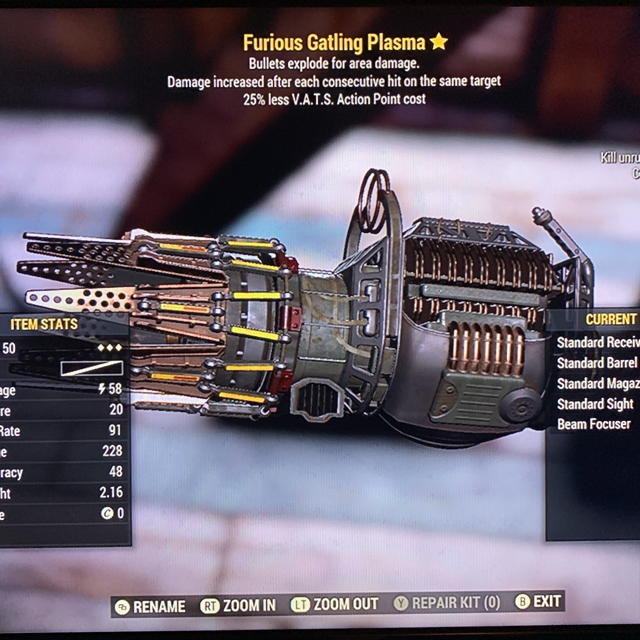 Fallout 76 Legacy Exterminators Explosive Gatling Plasma 3 Star Max