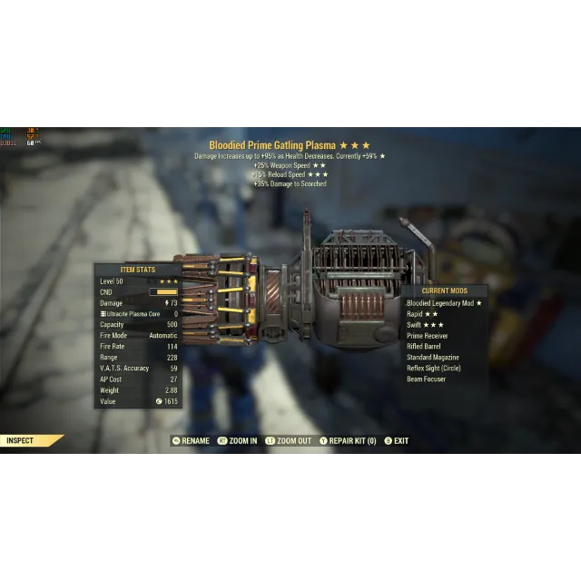 gatling plasma bloodied 25 15r - Fallout 76 Game Items - Gameflip