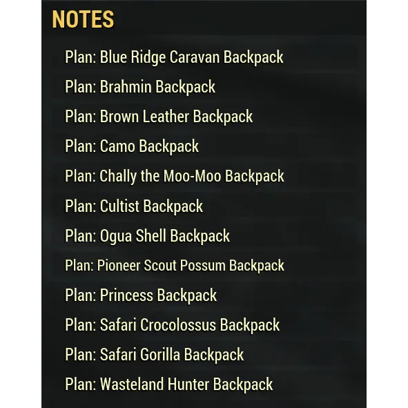 All 12 Rare Backpack Plans - Fallout 76 Game Item - Gameflip