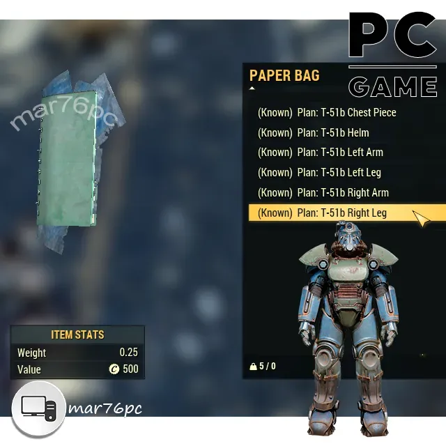 Plan | T-51b Power Armor Plans - Fallout 76 Game Item - Gameflip
