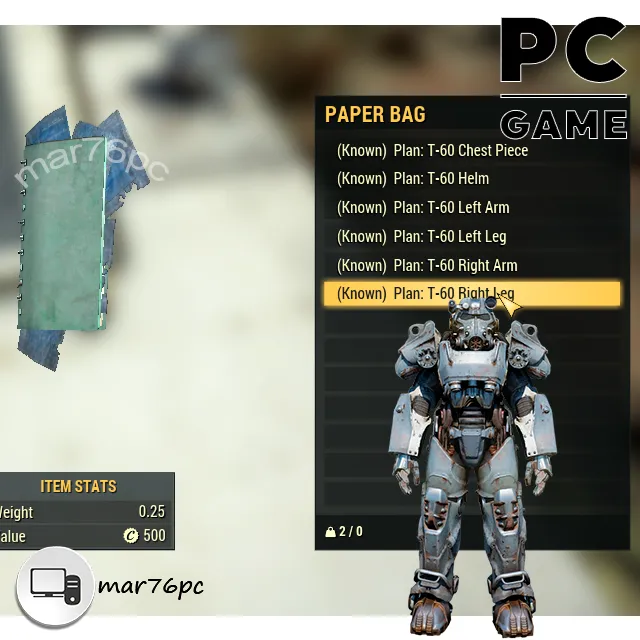 Plan | T60 Power Armor Plans - Fallout 76 Game Items - Gameflip