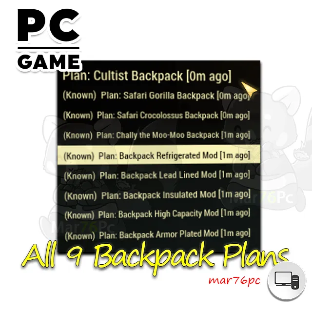 Plan | All 9 Backpack Plans - Fallout 76 Game Item - Gameflip
