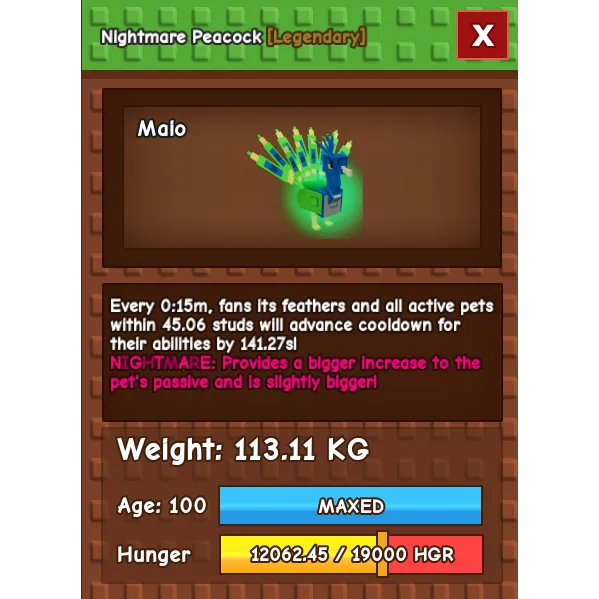 Colossal Nightmare Peacock (113.11kg)(15sec) - Grow a Garden Game Item ...