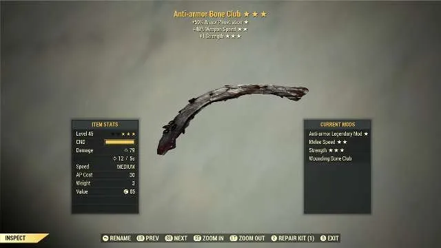 Weapon | AA FSS+1S Bone Club - Fallout 76 Game Items - Gameflip