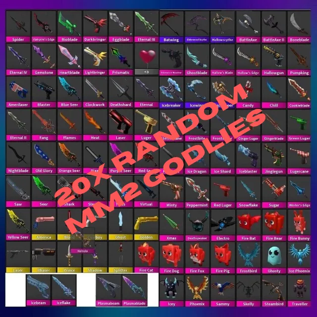 20x random mm2 godlies - Murder Mystery 2 Game Items - Gameflip