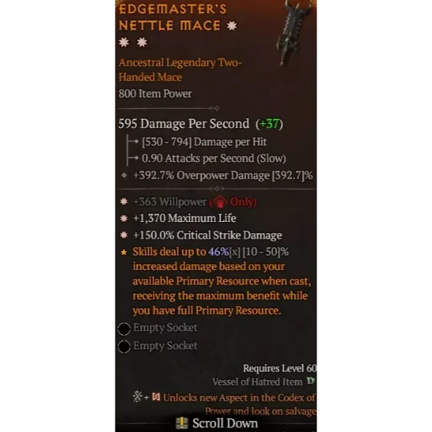 Season 7 3GA Two Handed Mace 363 Willpower 1370 life 150% Crit Damage ...