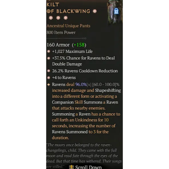 S10 4GA Kilt of Blackwing special affix high roll 96% Diablo 4 - Diablo ...