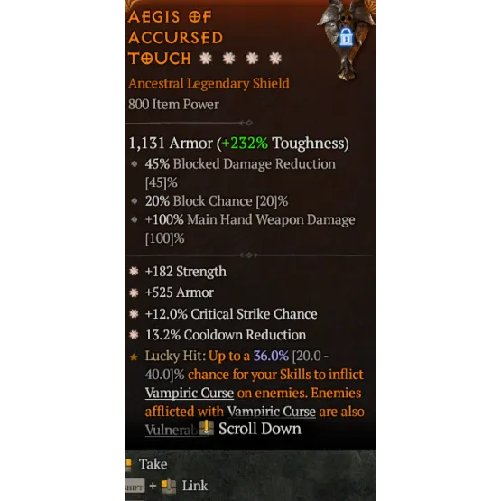 Diablo 4 S11 Shield 4GA 182 Strength 525 Armor 12% Critical chance 13.2 ...