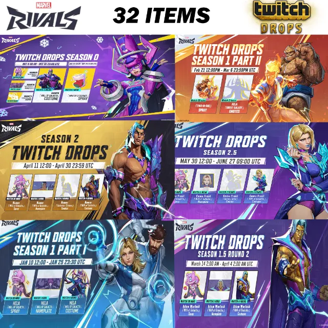 Marvel Rivals Twitch Drops - All Available 32 Items - 7 COSTUMES + 9 ...