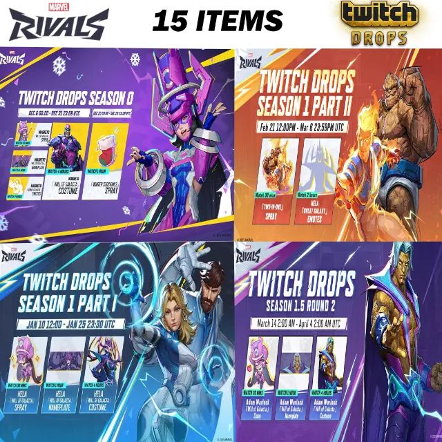 Marvel Rivals Twitch Drops - All Available 15 Items - S1.5 + S1 + S0 ...