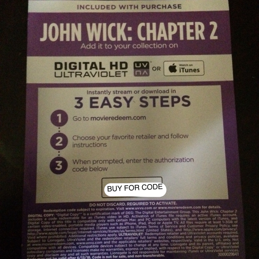 John Wick: Chapter 2 HD Ultraviolet, ITunes, HD Vudu HD Digital Movie ...