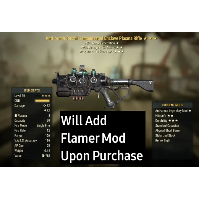⭐⭐⭐AA 25Aim 50Break Enclave Flamer - Fallout 76 Game Items - Gameflip