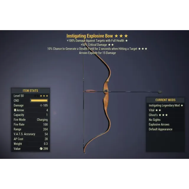 ⭐⭐⭐Instigating 50c Explosive Bow - Fallout 76 Game Items - Gameflip