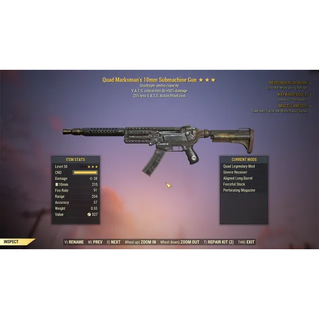 Quad Marksman's 10mm Submachine Gun V.A.T.S.critical hits do+50% damage 25% less V.A.T.S.Action ...