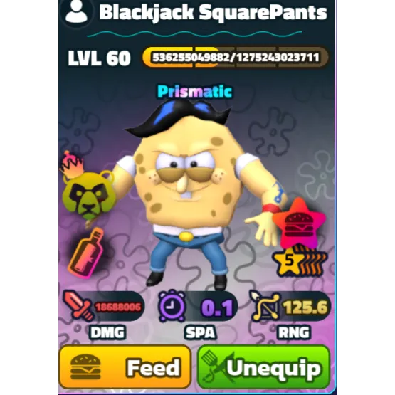 BLACKJACK SQUAREPANTS 5S NC LVL 60 PP RELIC - SpongeBob Tower Defense ...