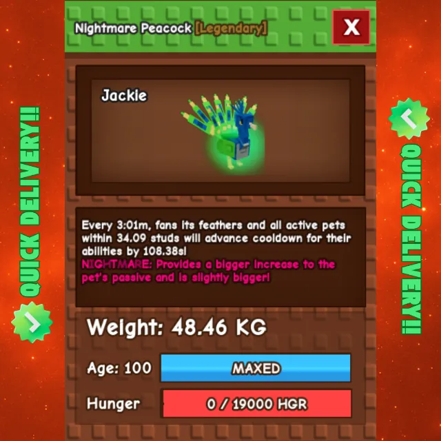 48.46KG HUGE NIGHTMARE PEACOCK - Grow a Garden Game Item - Gameflip