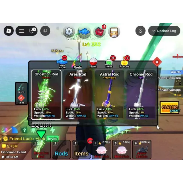ID16-[Fish It 🐟 Level 332] Ghostfinn Rod + Ares Rod + Astral Rod + Dark ...