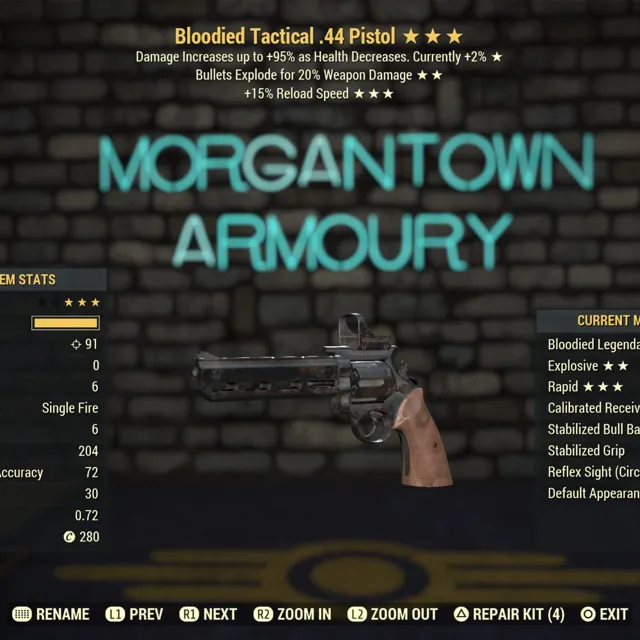 Weapon | Bloodied E/FR 44 Pistol - Fallout 76 Game Items - Gameflip