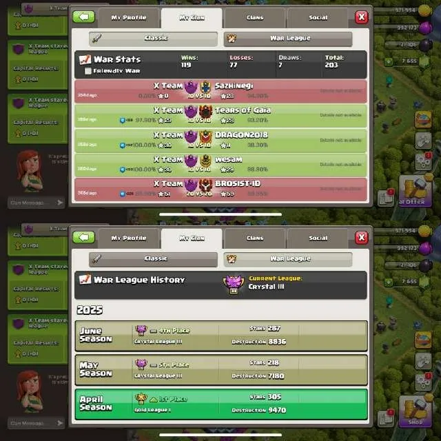 CLAN ⚡COC🔥LEVEL 13💎 [] NAME: X TEAM [] CAPITAL HALL 8 [] VICTORY 119 ...