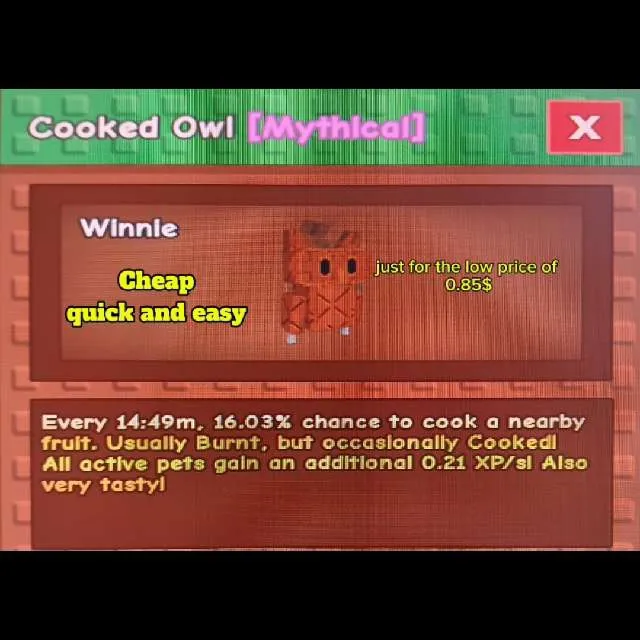 Cooked Owl - Grow a Garden Game Item - Gameflip