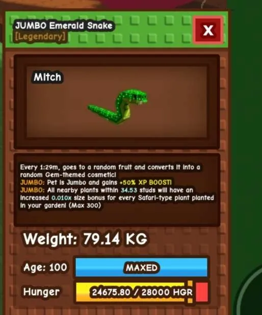 79kg! Jumbo Titan Emerald Snake - Grow a Garden Game Item - Gameflip